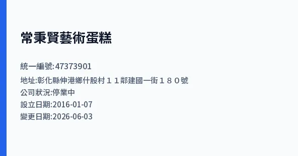 常秉賢藝術蛋糕的照片-統編 47373901(彰化縣) 公司登記資料與營業項目詳細圖表