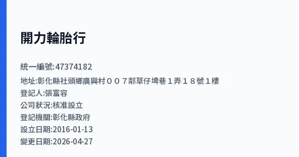 開力輪胎行的照片-統編 47374182(彰化縣) 公司登記資料與營業項目詳細圖表