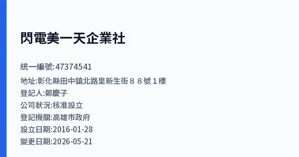 閃電美一天企業社的照片-統編 47374541(彰化縣) 公司登記資料與營業項目詳細圖表