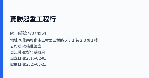 寶勝起重工程行的照片-統編 47374964(彰化縣) 公司登記資料與營業項目詳細圖表