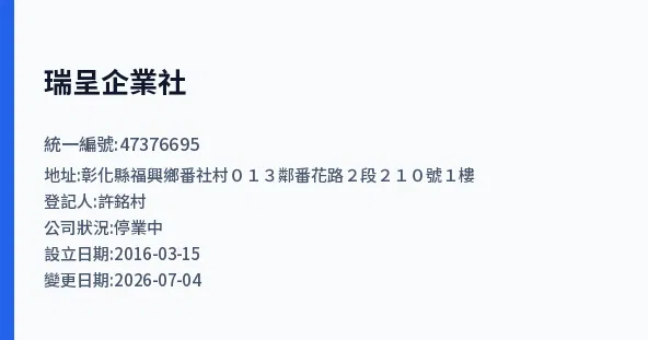 瑞呈企業社的照片-統編 47376695(彰化縣) 公司登記資料與營業項目詳細圖表