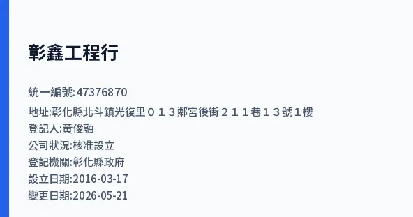 彰鑫工程行的照片-統編 47376870(彰化縣) 公司登記資料與營業項目詳細圖表