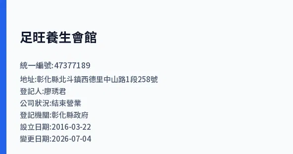 足旺養生會館的照片-統編 47377189(彰化縣) 公司登記資料與營業項目詳細圖表