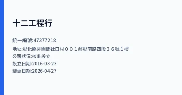 十二工程行的照片-統編 47377218(彰化縣) 公司登記資料與營業項目詳細圖表