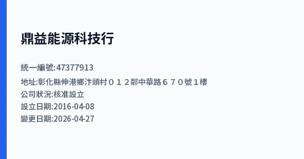 鼎益能源科技行的照片-統編 47377913(彰化縣) 公司登記資料與營業項目詳細圖表