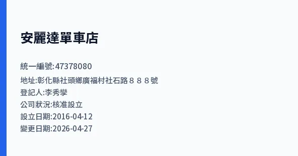 安麗達單車店的照片-統編 47378080(彰化縣) 公司登記資料與營業項目詳細圖表