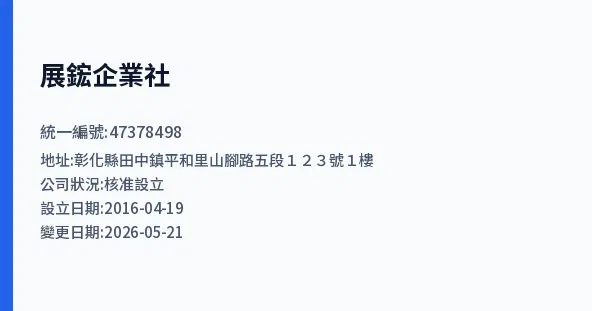 展鋐企業社的照片-統編 47378498(彰化縣) 公司登記資料與營業項目詳細圖表