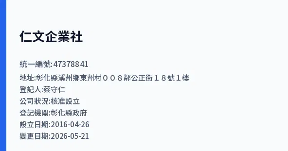 仁文企業社的照片-統編 47378841(彰化縣) 公司登記資料與營業項目詳細圖表