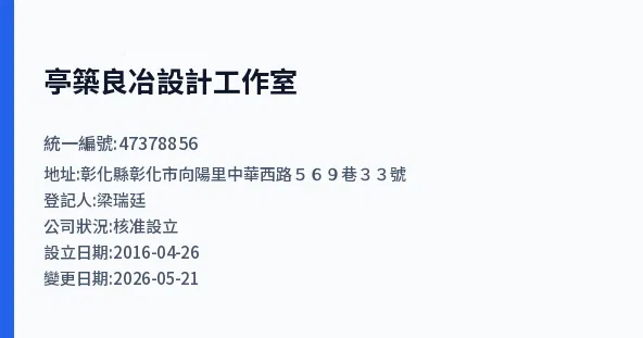 亭築良冶設計工作室的照片-統編 47378856(彰化縣) 公司登記資料與營業項目詳細圖表