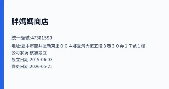 胖媽媽商店的照片-統編 47381590(臺中市) 公司登記資料與營業項目詳細圖表