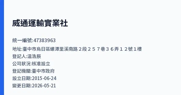 威通運輸實業社的照片-統編 47383963(臺中市) 公司登記資料與營業項目詳細圖表