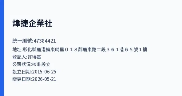煒捷企業社的照片-統編 47384421(彰化縣) 公司登記資料與營業項目詳細圖表