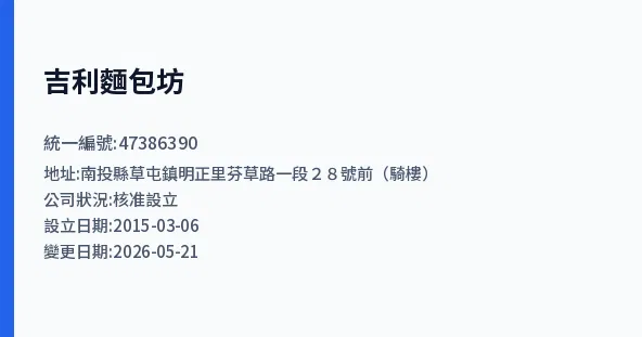 吉利麵包坊的照片-統編 47386390(南投縣) 公司登記資料與營業項目詳細圖表