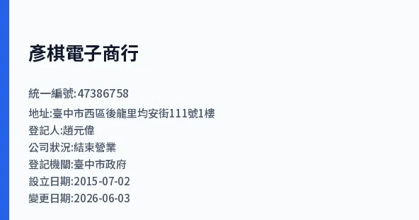 彥棋電子商行的照片-統編 47386758(臺中市) 公司登記資料與營業項目詳細圖表