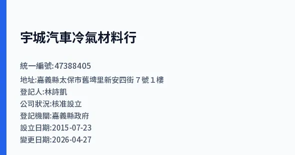 宇城汽車冷氣材料行的照片-統編 47388405(嘉義縣) 公司登記資料與營業項目詳細圖表