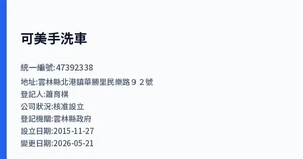 可美手洗車的照片-統編 47392338(雲林縣) 公司登記資料與營業項目詳細圖表