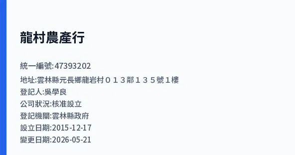 龍村農產行的照片-統編 47393202(雲林縣) 公司登記資料與營業項目詳細圖表