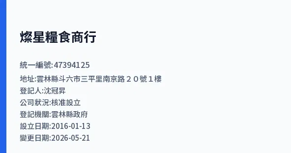 燦星糧食商行的照片-統編 47394125(雲林縣) 公司登記資料與營業項目詳細圖表