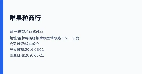 唯果粒商行的照片-統編 47395433(雲林縣) 公司登記資料與營業項目詳細圖表