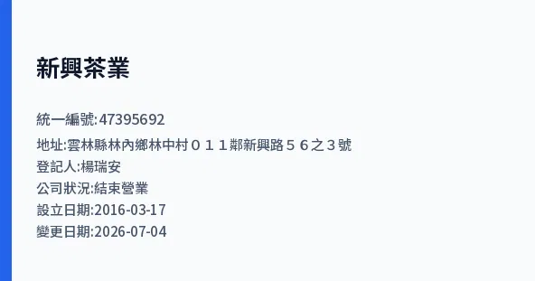 新興茶業的照片-統編 47395692(雲林縣) 公司登記資料與營業項目詳細圖表