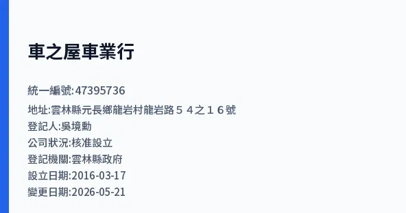 車之屋車業行的照片-統編 47395736(雲林縣) 公司登記資料與營業項目詳細圖表