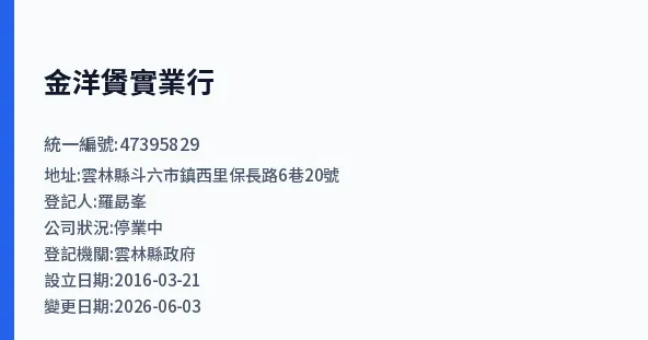金洋賲實業行的照片-統編 47395829(雲林縣) 公司登記資料與營業項目詳細圖表