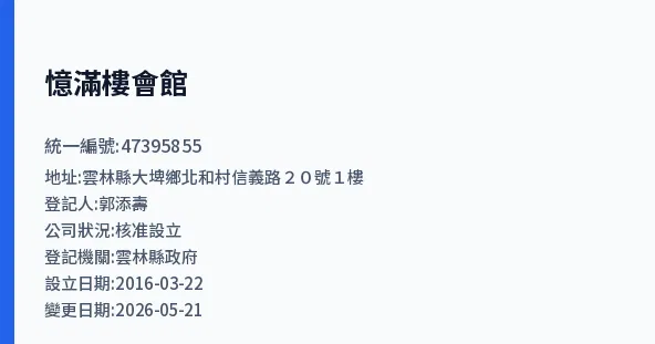 憶滿樓會館的照片-統編 47395855(雲林縣) 公司登記資料與營業項目詳細圖表