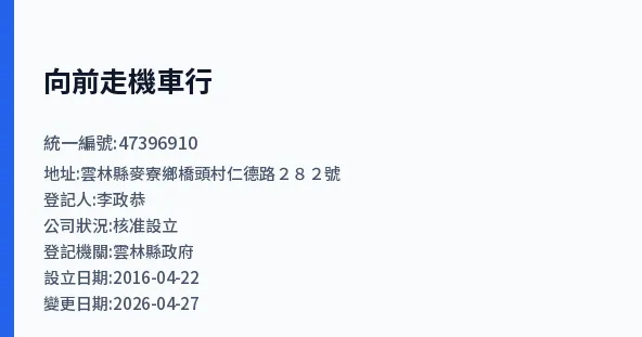 向前走機車行的照片-統編 47396910(雲林縣) 公司登記資料與營業項目詳細圖表