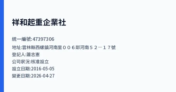 祥和起重企業社的照片-統編 47397306(雲林縣) 公司登記資料與營業項目詳細圖表