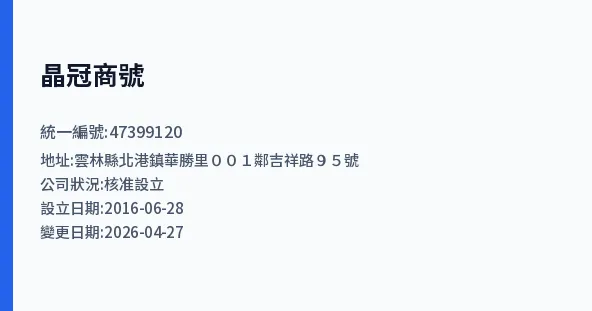 晶冠商號的照片-統編 47399120(雲林縣) 公司登記資料與營業項目詳細圖表