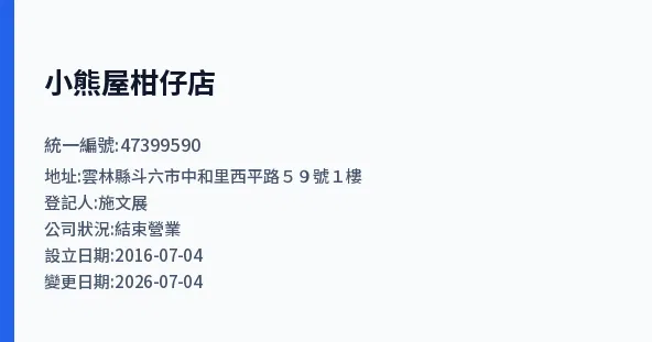 小熊屋柑仔店的照片-統編 47399590(雲林縣) 公司登記資料與營業項目詳細圖表
