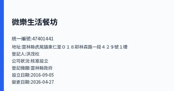 微樂生活餐坊的照片-統編 47401441(雲林縣) 公司登記資料與營業項目詳細圖表
