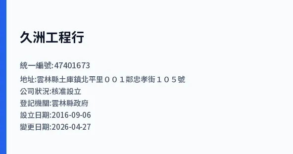 久洲工程行的照片-統編 47401673(雲林縣) 公司登記資料與營業項目詳細圖表