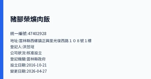 豬腳榮爌肉飯的照片-統編 47402928(雲林縣) 公司登記資料與營業項目詳細圖表