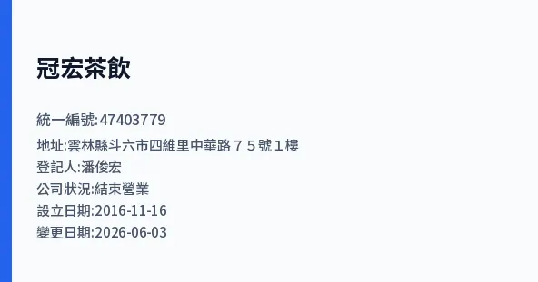 冠宏茶飲的照片-統編 47403779(雲林縣) 公司登記資料與營業項目詳細圖表