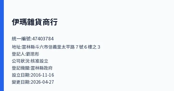 伊瑪雜貨商行的照片-統編 47403784(雲林縣) 公司登記資料與營業項目詳細圖表