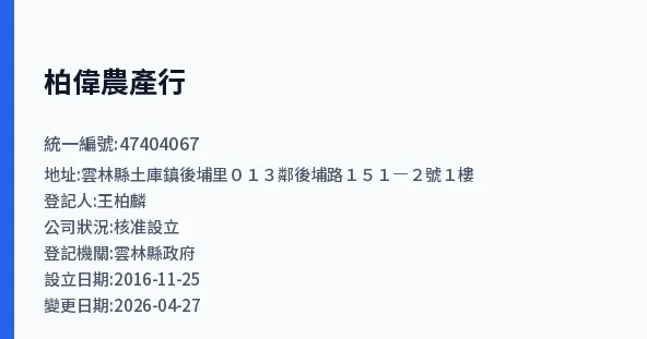 柏偉農產行的照片-統編 47404067(雲林縣) 公司登記資料與營業項目詳細圖表