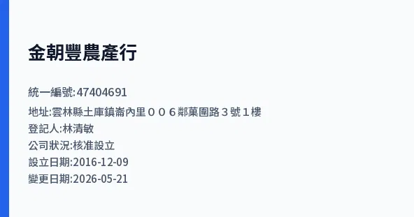 金朝豐農產行的照片-統編 47404691(雲林縣) 公司登記資料與營業項目詳細圖表