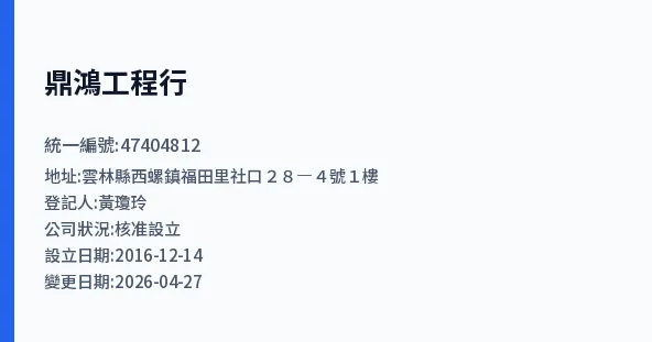 鼎鴻工程行的照片-統編 47404812(雲林縣) 公司登記資料與營業項目詳細圖表