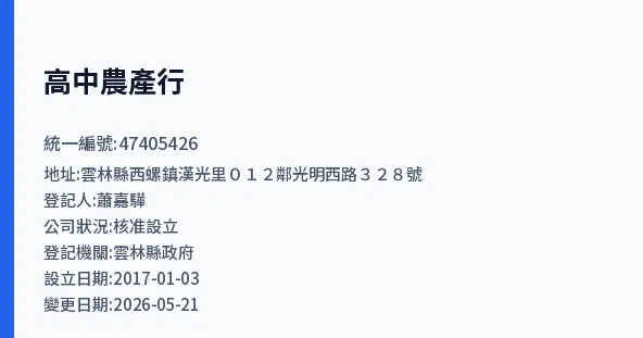 高中農產行的照片-統編 47405426(雲林縣) 公司登記資料與營業項目詳細圖表