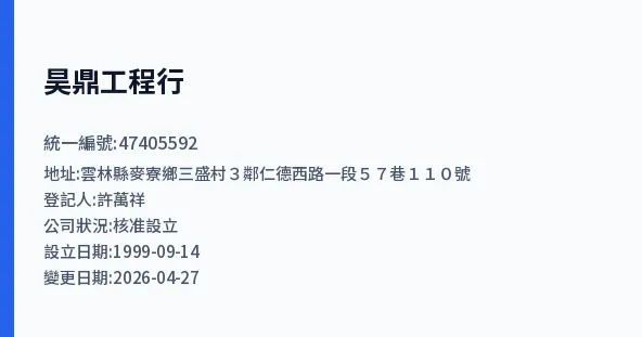昊鼎工程行的照片-統編 47405592(雲林縣) 公司登記資料與營業項目詳細圖表