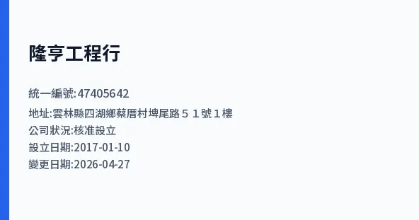 隆亨工程行的照片-統編 47405642(雲林縣) 公司登記資料與營業項目詳細圖表