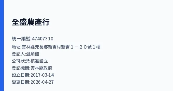 全盛農產行的照片-統編 47407310(雲林縣) 公司登記資料與營業項目詳細圖表