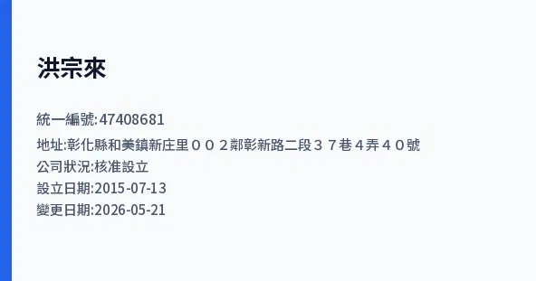 洪宗來的照片-統編 47408681(彰化縣) 公司登記資料與營業項目詳細圖表