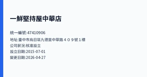 一鮮堅持屋中華店的照片-統編 47410906(臺中市) 公司登記資料與營業項目詳細圖表