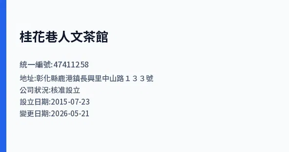 桂花巷人文茶館的照片-統編 47411258(彰化縣) 公司登記資料與營業項目詳細圖表