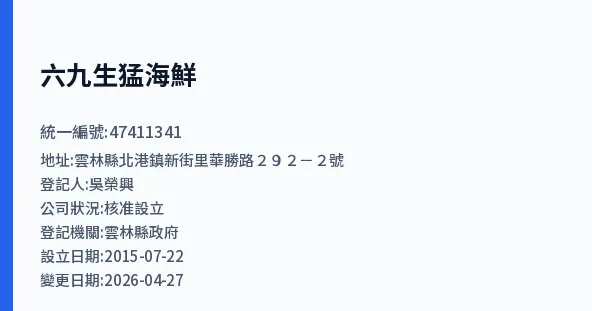 六九生猛海鮮的照片-統編 47411341(雲林縣) 公司登記資料與營業項目詳細圖表