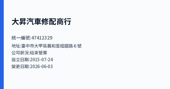 大昇汽車修配商行的照片-統編 47412329(臺中市) 公司登記資料與營業項目詳細圖表