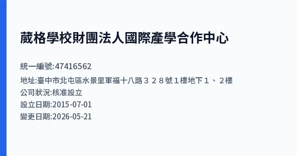 葳格學校財團法人國際產學合作中心的照片-統編 47416562(臺中市) 公司登記資料與營業項目詳細圖表