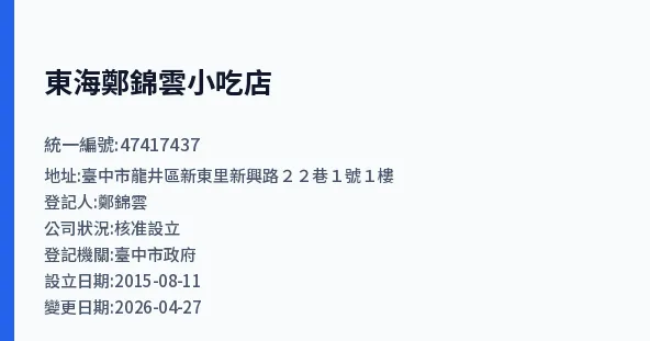 東海鄭錦雲小吃店的照片-統編 47417437(臺中市) 公司登記資料與營業項目詳細圖表
